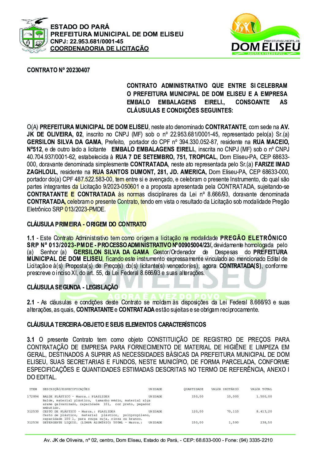 CONTRATO N 20230407 - Prefeitura Municipal de Dom Eliseu - PA